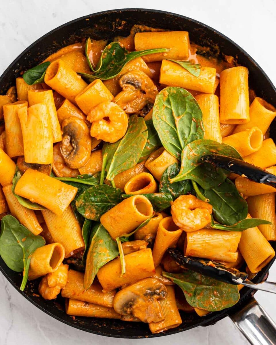 Creamy Gochujang Pasta with Shrimp & Spinach | Savory Sweet Spoon